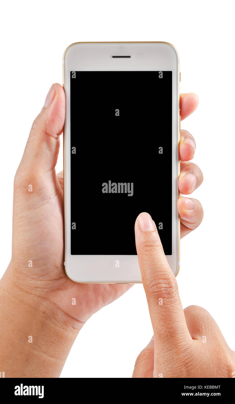 Hands holding and touching on mobile smartphone with blank screen ...