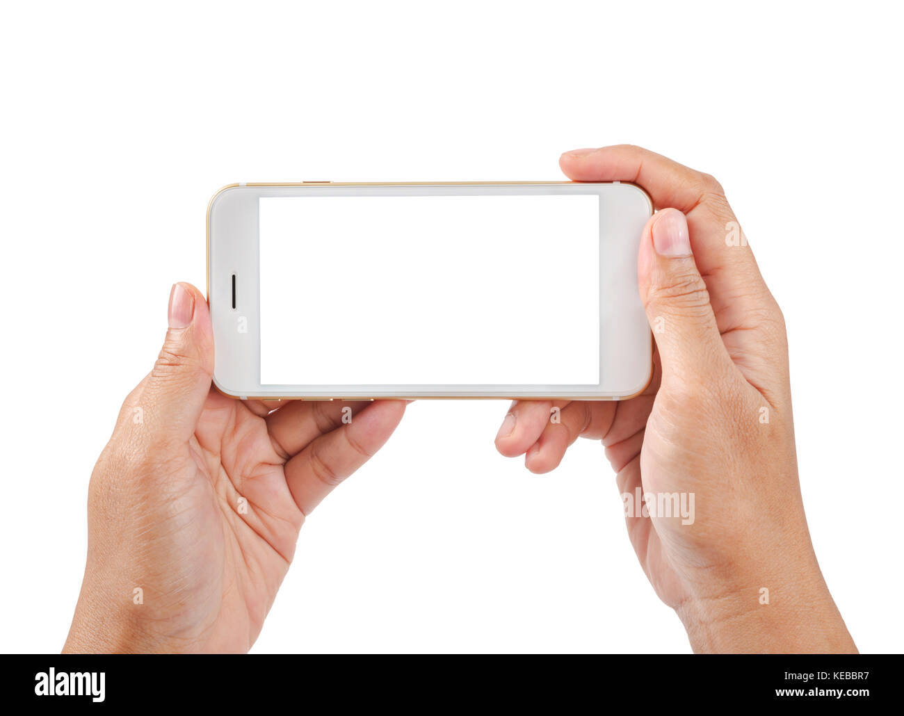 Two hand holding blank mobile smartphone isolated on white background ...