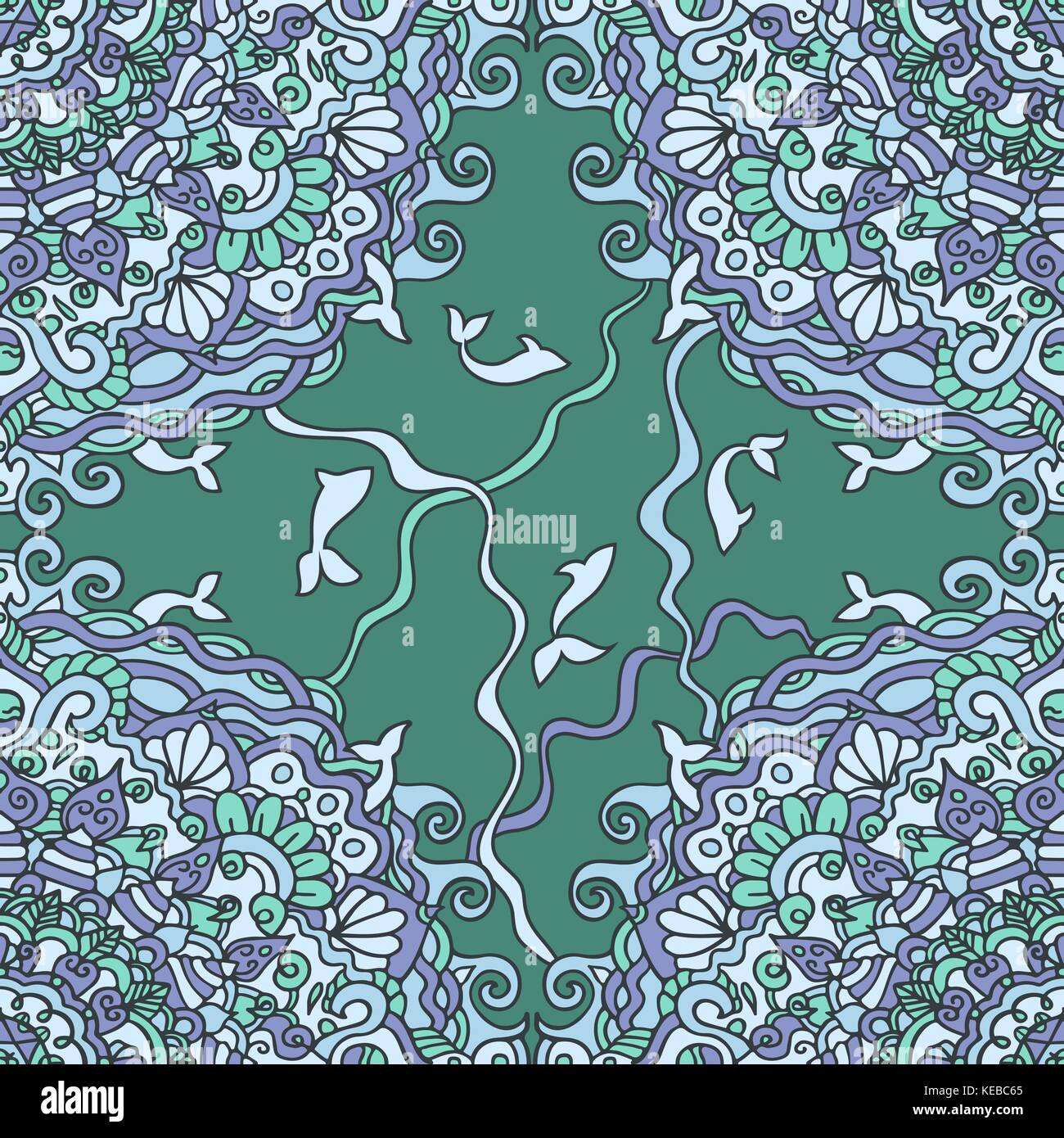 Sea waves seamless pattern. Marine mandala background. Vector blue and ...