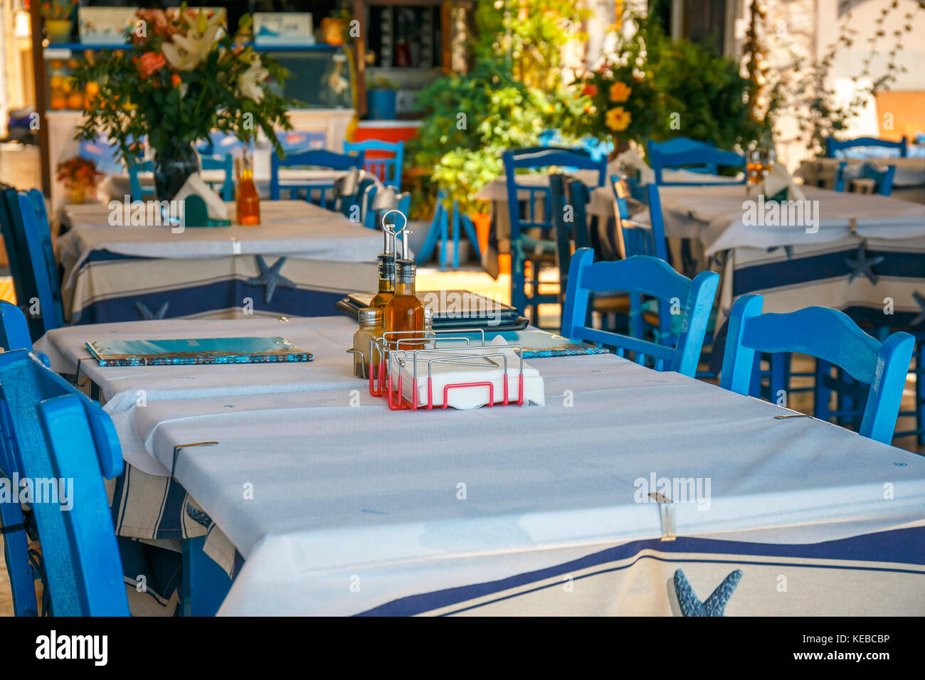 White and blue colors of traditional Greek tavern. Crete Island, Greece ...