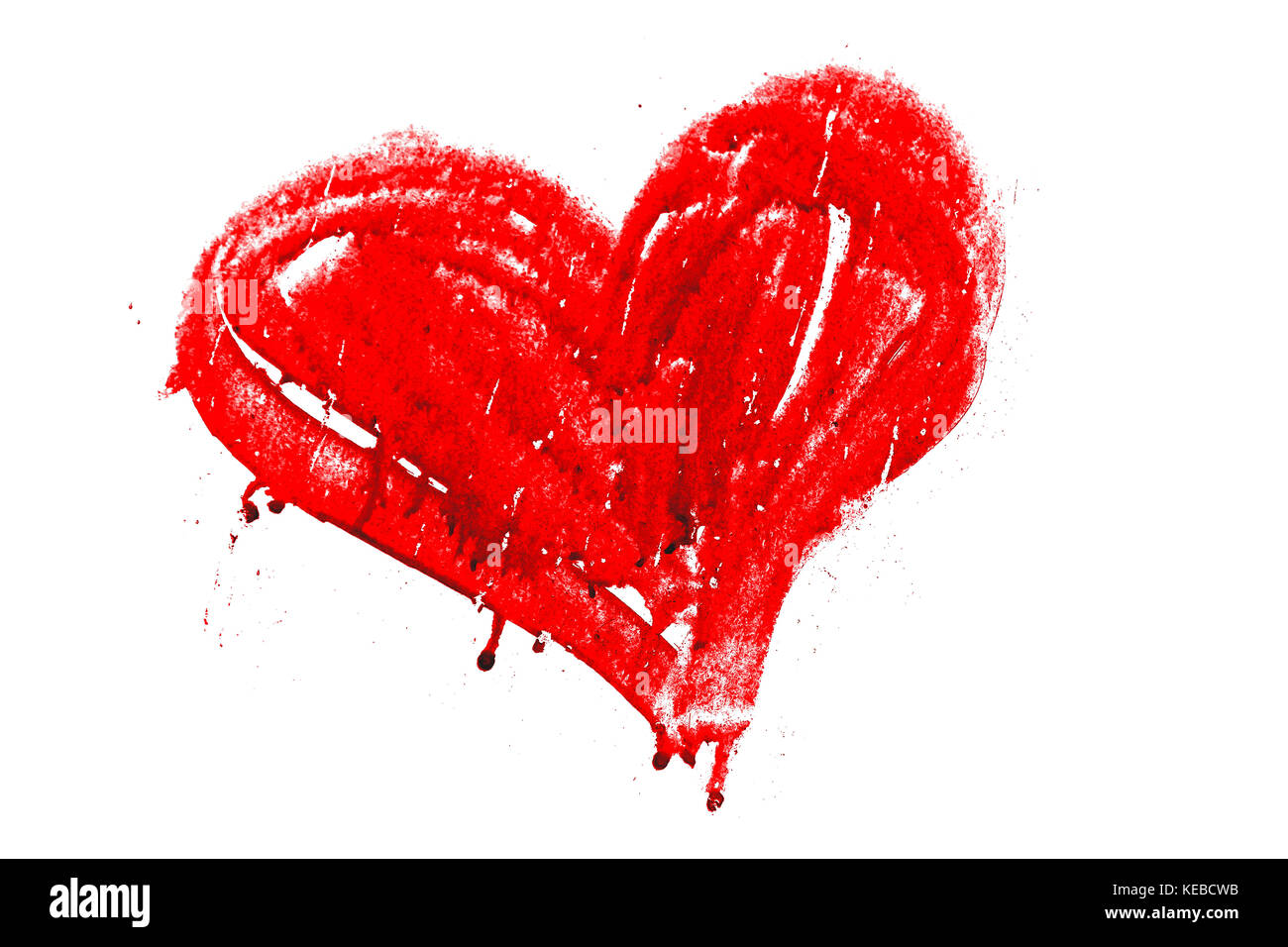 Red colored heart manually painted with drips and dry paint ...