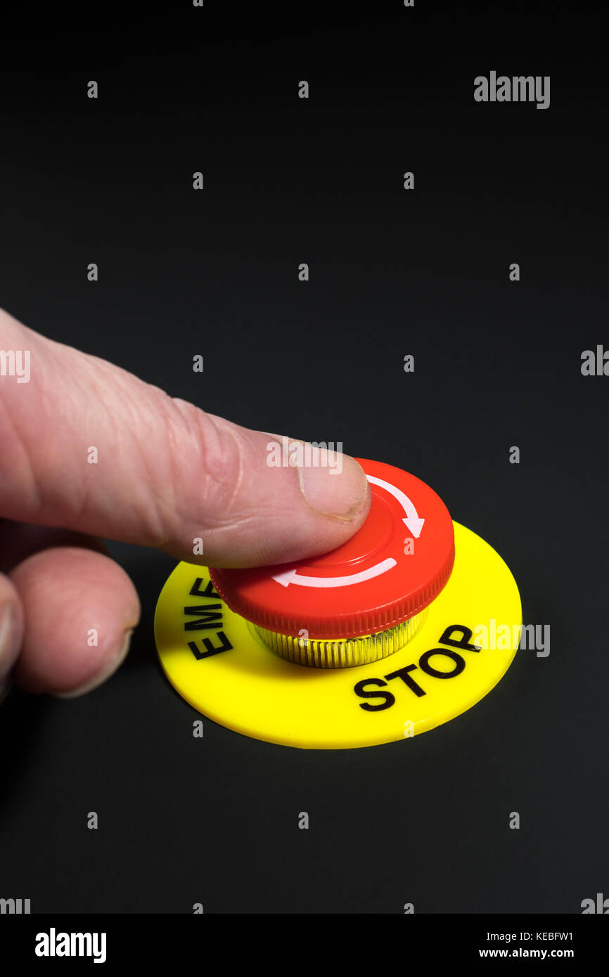 Big red button - metaphor for 'Finger on the Button'. Photographer's ...