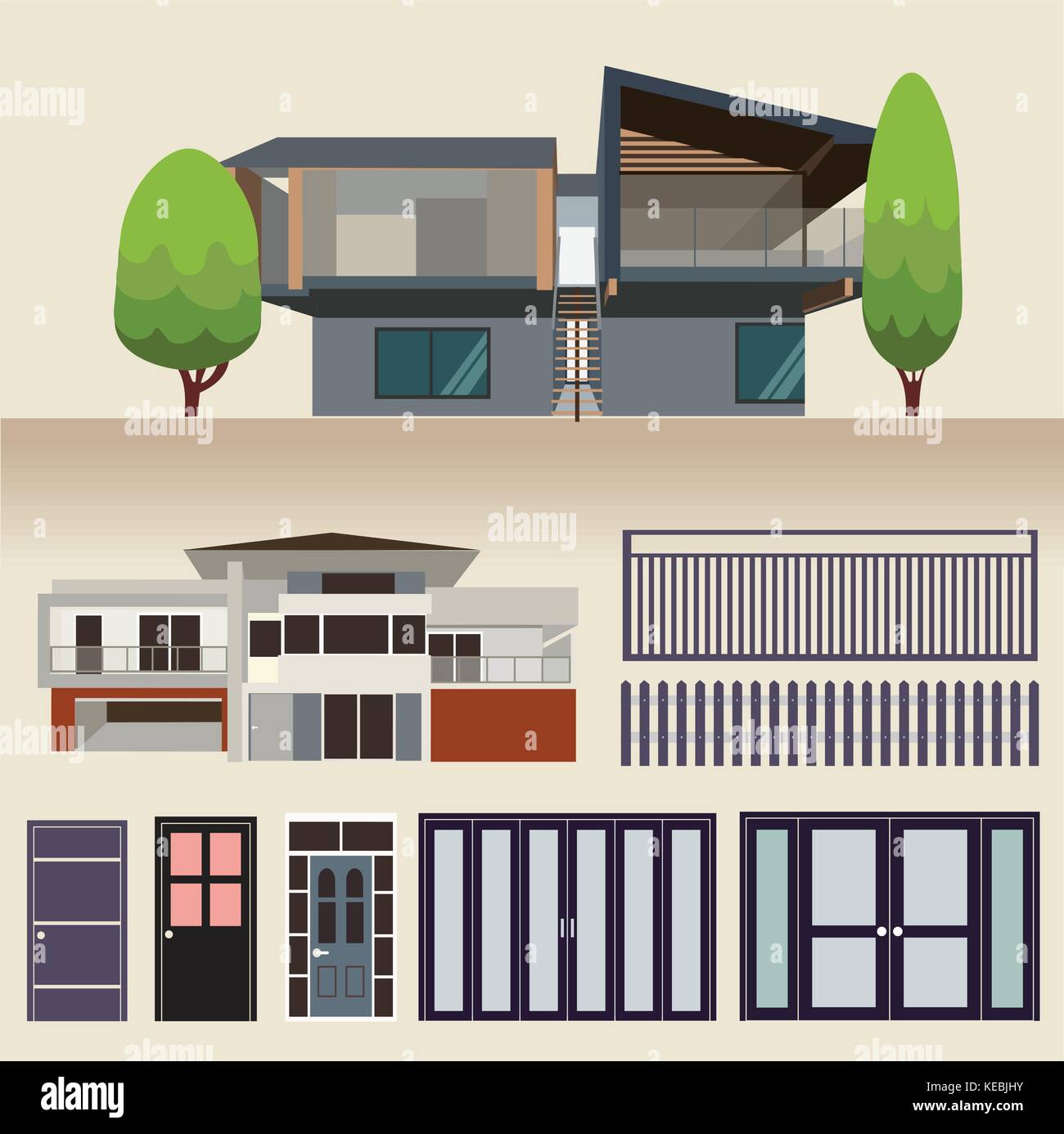 house exterior set icons vector illustration Home flat style Stock ...