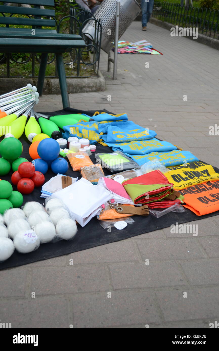 QUITO, ECUADOR - JANUARY 28, 2016: Juggling instruments on the pavement ...
