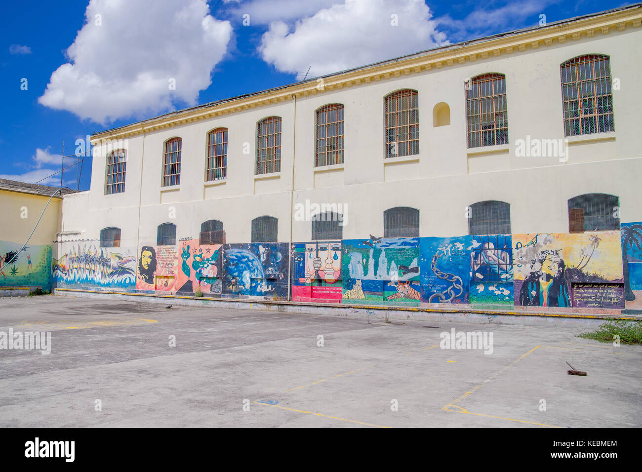 QUITO, ECUADOR - NOVEMBER 23, 2016: Art at backyard walls inside of the ...