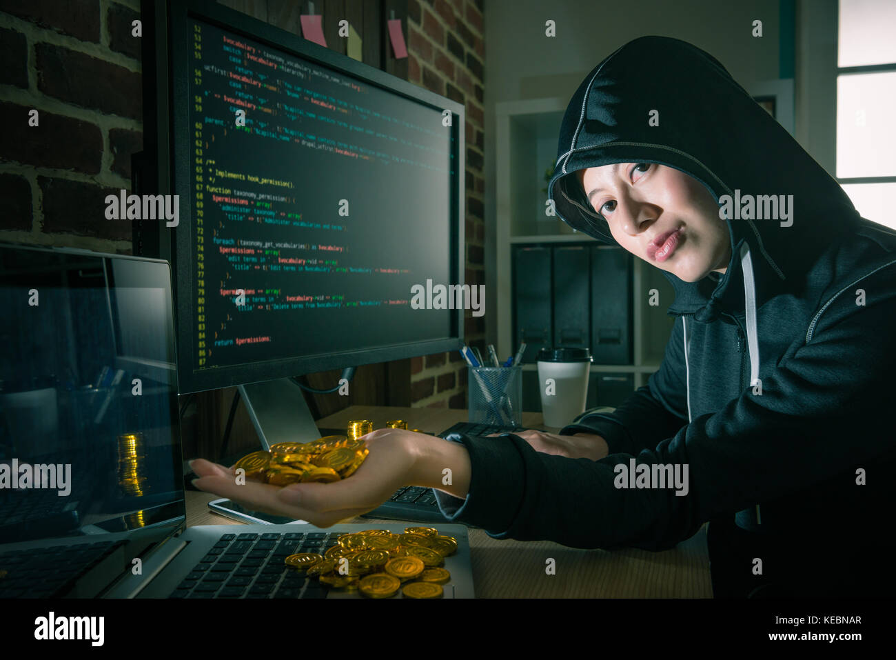 beautiful young female hacker using online virus code language system ...