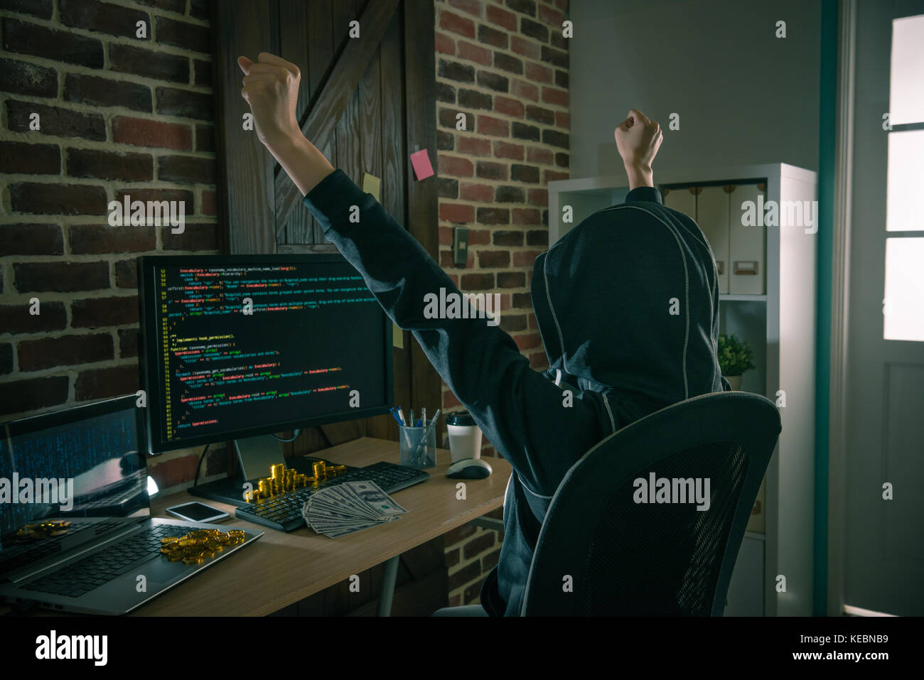 back view photo of professional young female hacker successfully using ...