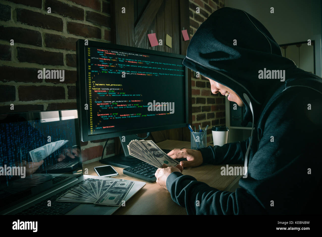 smiling cheerful hacker man using code program system getting many business information and ...