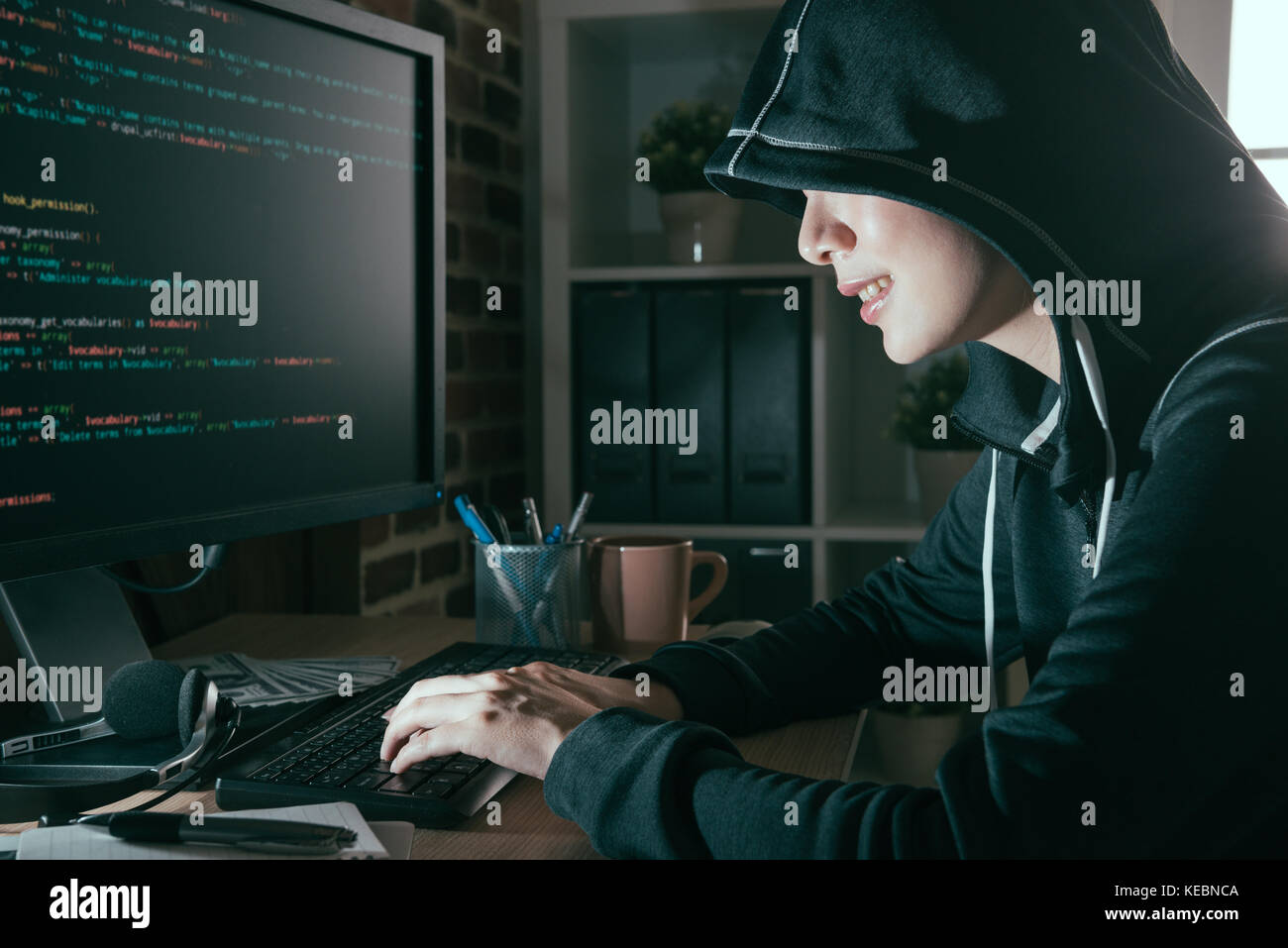 smiling beautiful woman hacker using personal online system design ...