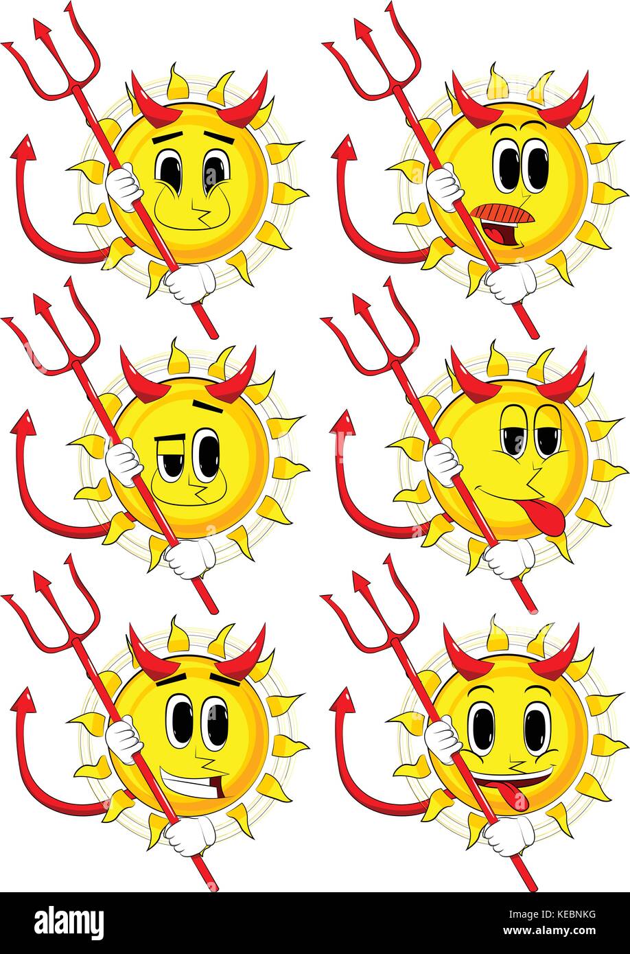 Cartoon devil sun with pitchfork. Collection with happy faces ...