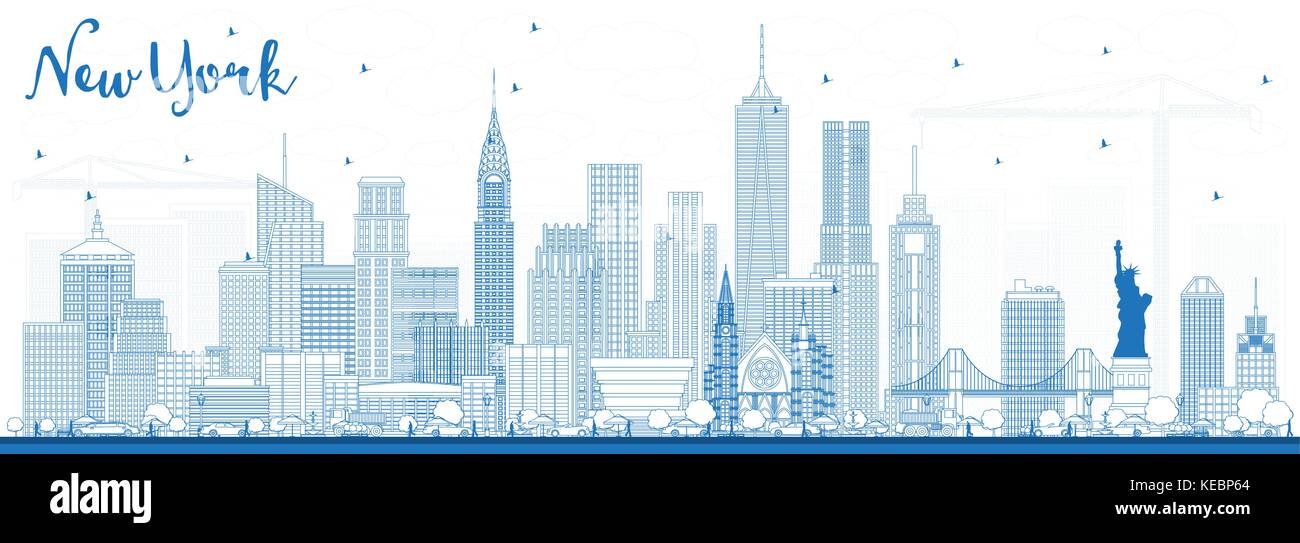 Outline New York USA Skyline with Blue Buildings. Vector Illustration ...