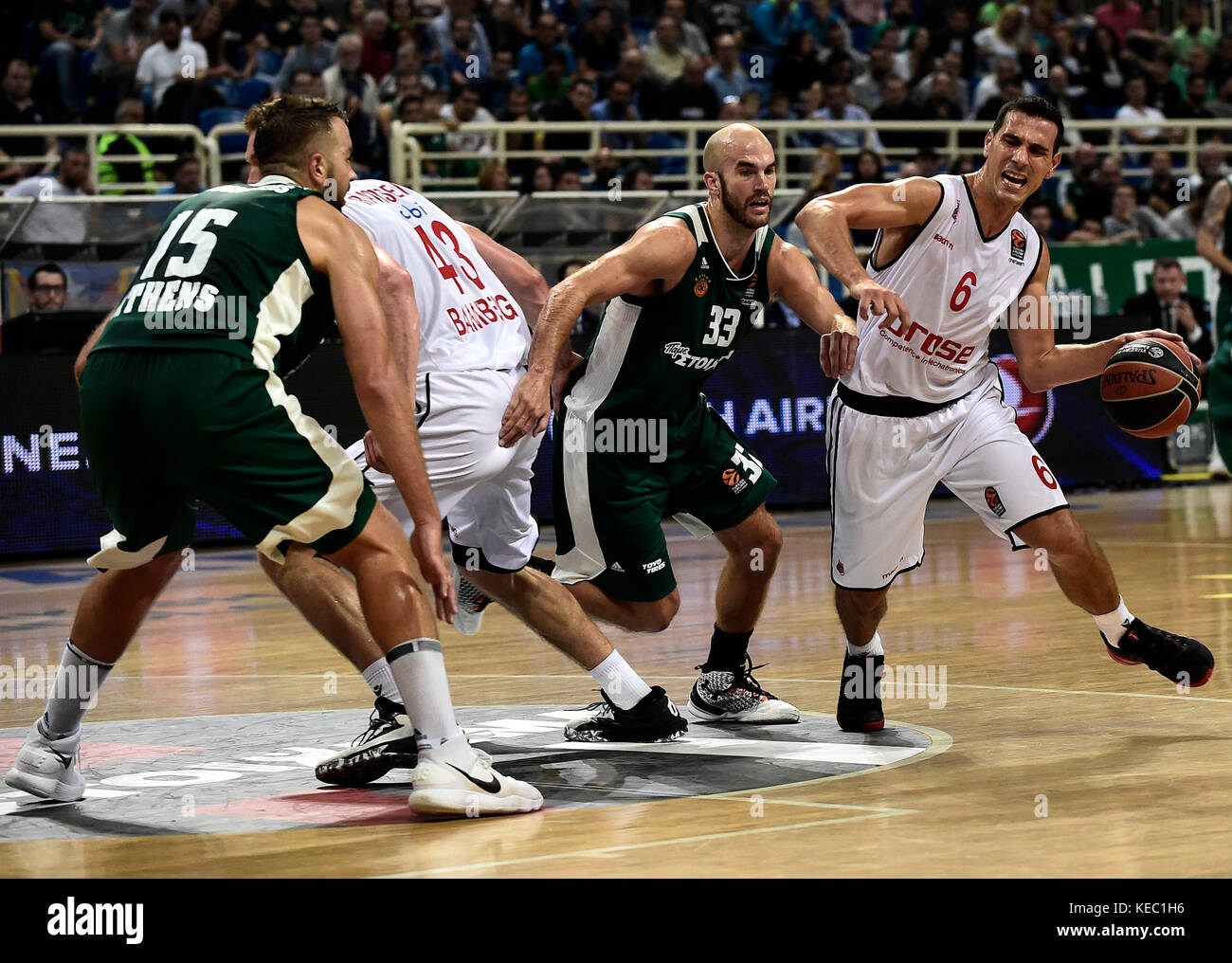 Athens, Greece. 19th Oct, 2017. Bamberg's Nikos Zisis (R) in action ...