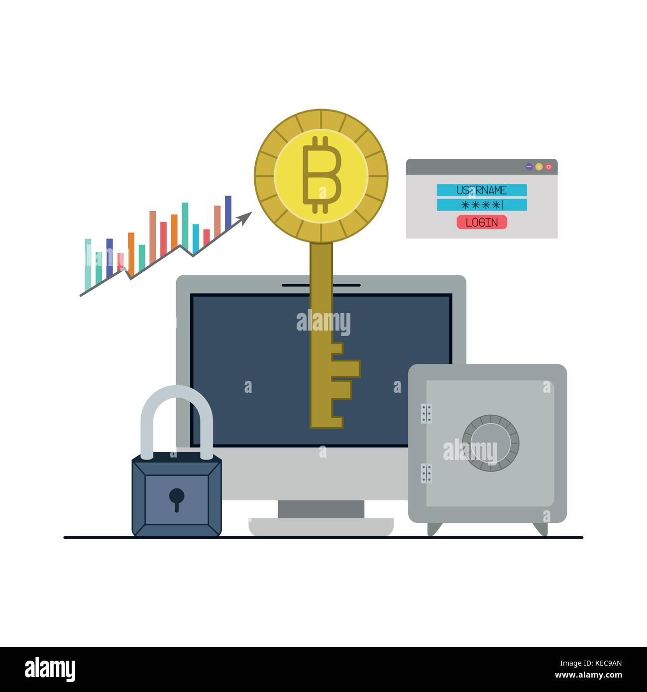 bitcoin key login closeup with desktop computer and safe Stock Vector ...