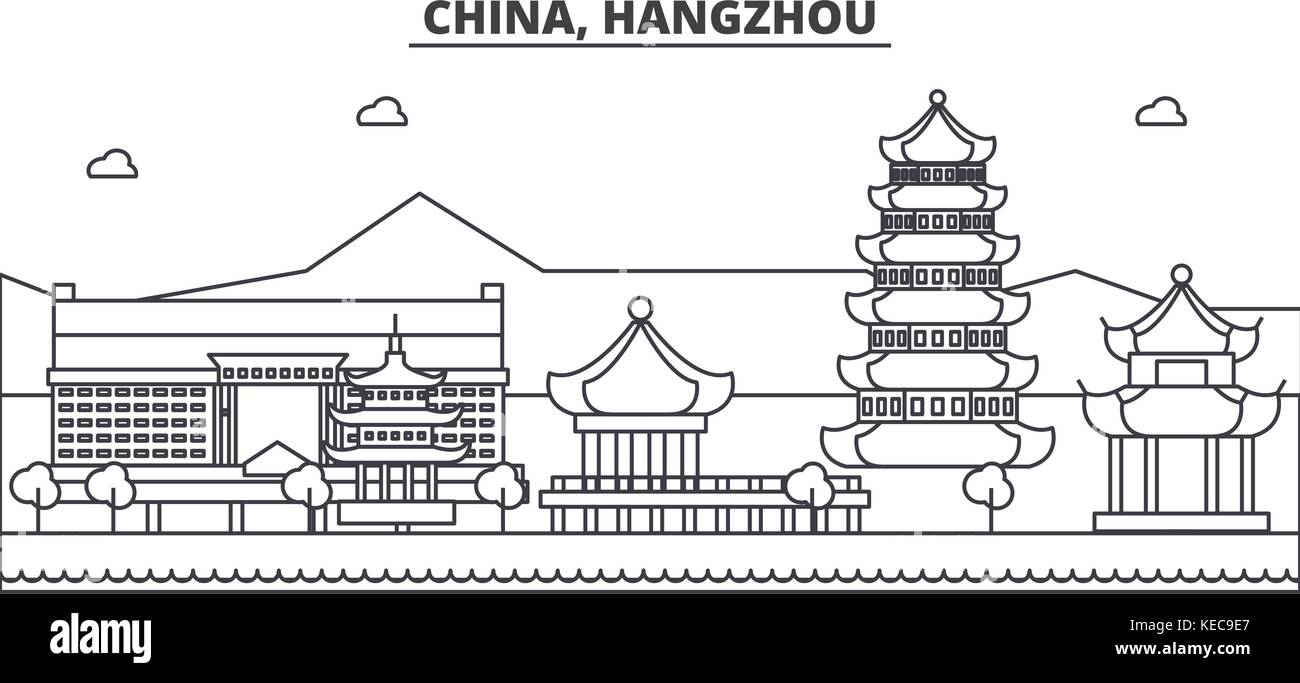 China, Hangzhou architecture line skyline illustration. Linear vector ...