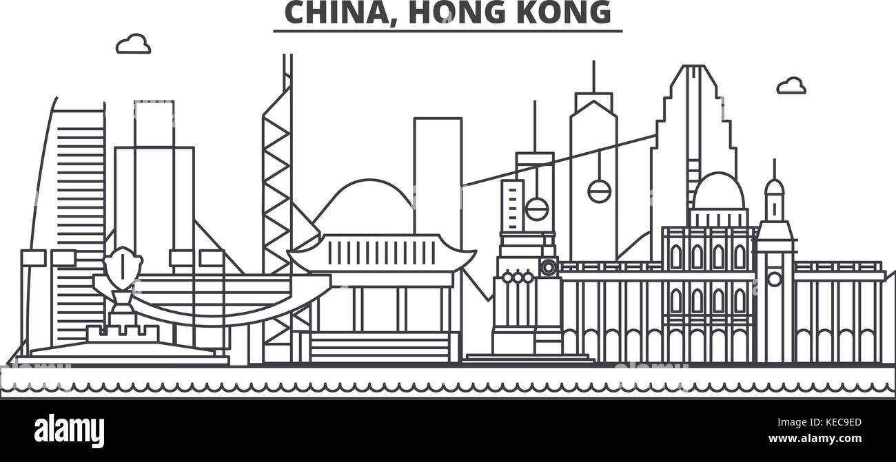 China, Hong Kong 1 architecture line skyline illustration. Linear ...