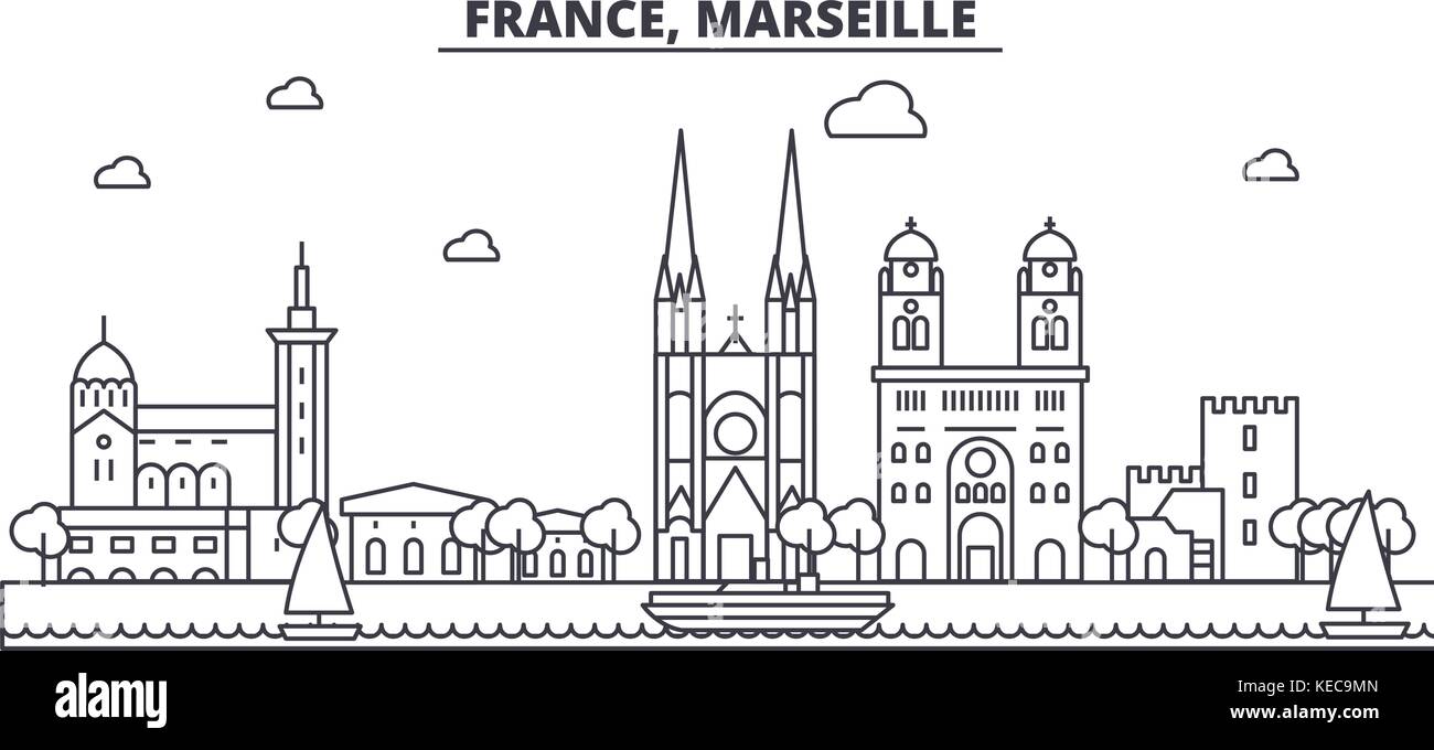 France, Marseille architecture line skyline illustration. Linear vector ...