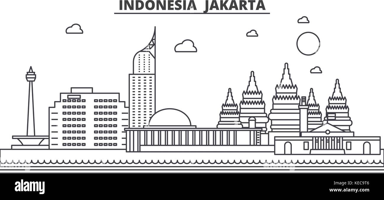 Indonesia, Jakarta architecture line skyline illustration. Linear ...