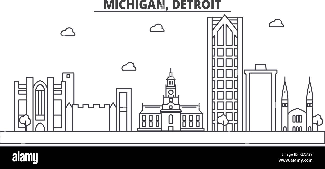 Michigan, Detroit architecture line skyline illustration. Linear vector ...