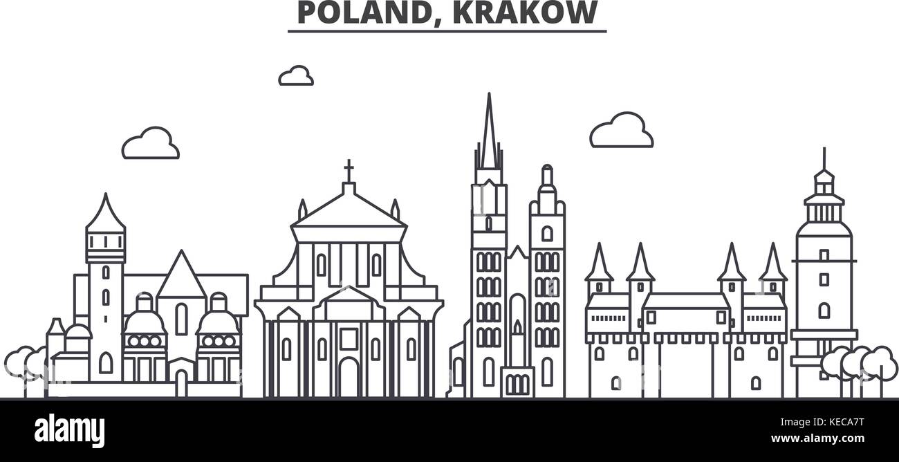 Poland, Krakow architecture line skyline illustration. Linear vector ...