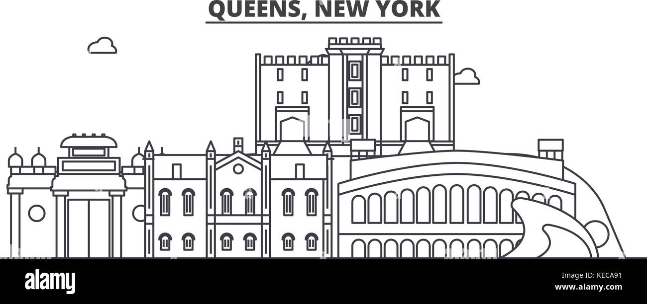 Queens, New York architecture line skyline illustration. Linear vector ...