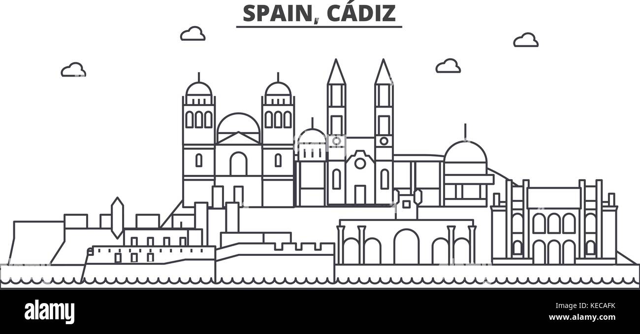 Spain, Cadiz architecture line skyline illustration. Linear vector ...