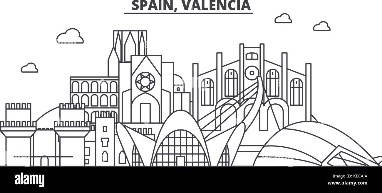 Spain, Valencia architecture line skyline illustration. Linear vector ...