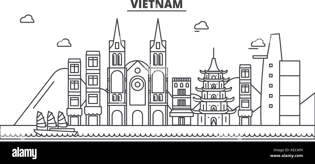 Vietnam architecture line skyline illustration. Linear vector cityscape ...