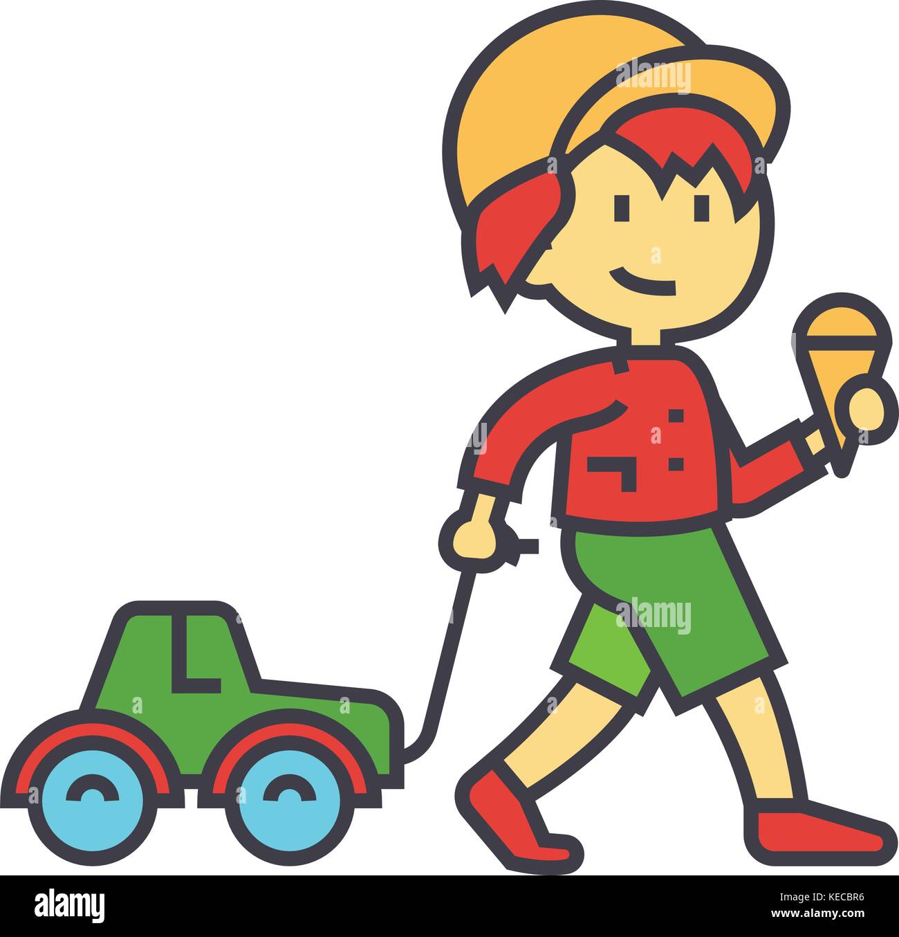 Kid carries a toy car for the rope with ice cream concept. Line vector ...
