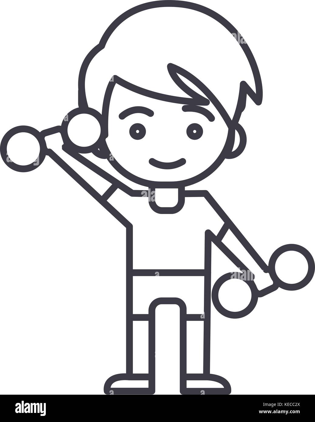 sport man,boy with weights,kid workout vector line icon, sign ...