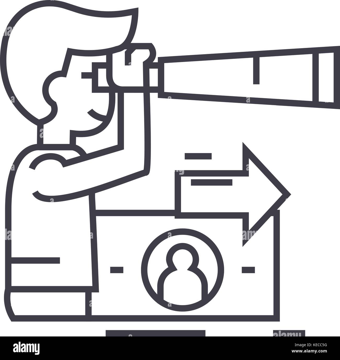 strategic vision, planning, man with spyglass vector line icon, sign ...