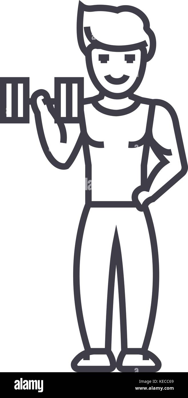 strong man doing exercises with weights in gym vector line icon, sign ...