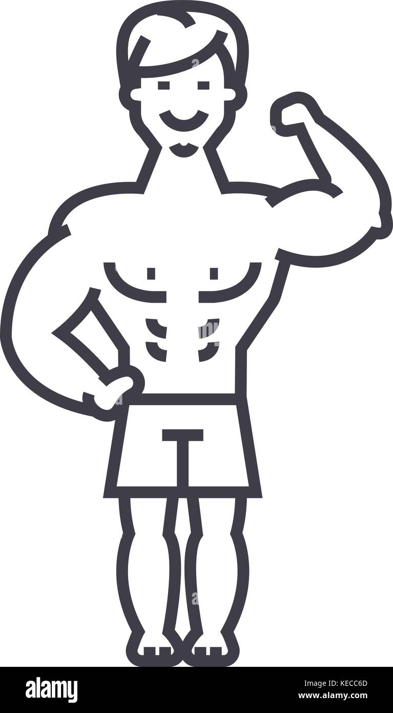 strong man, bodybuilder muscles vector line icon, sign, illustration on ...