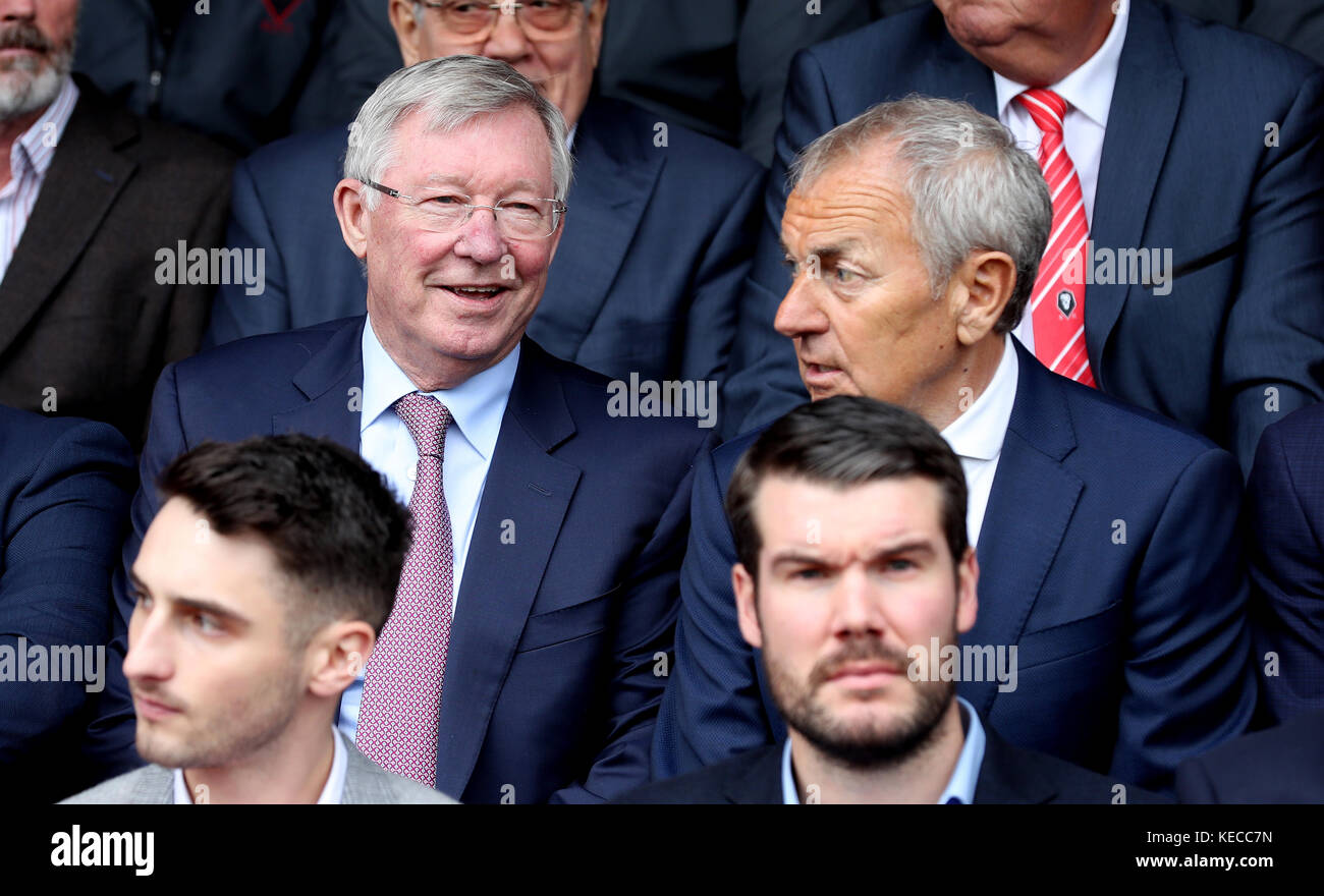 Sir Alex Ferguson talks with Peter Done (right) during the announcement ...