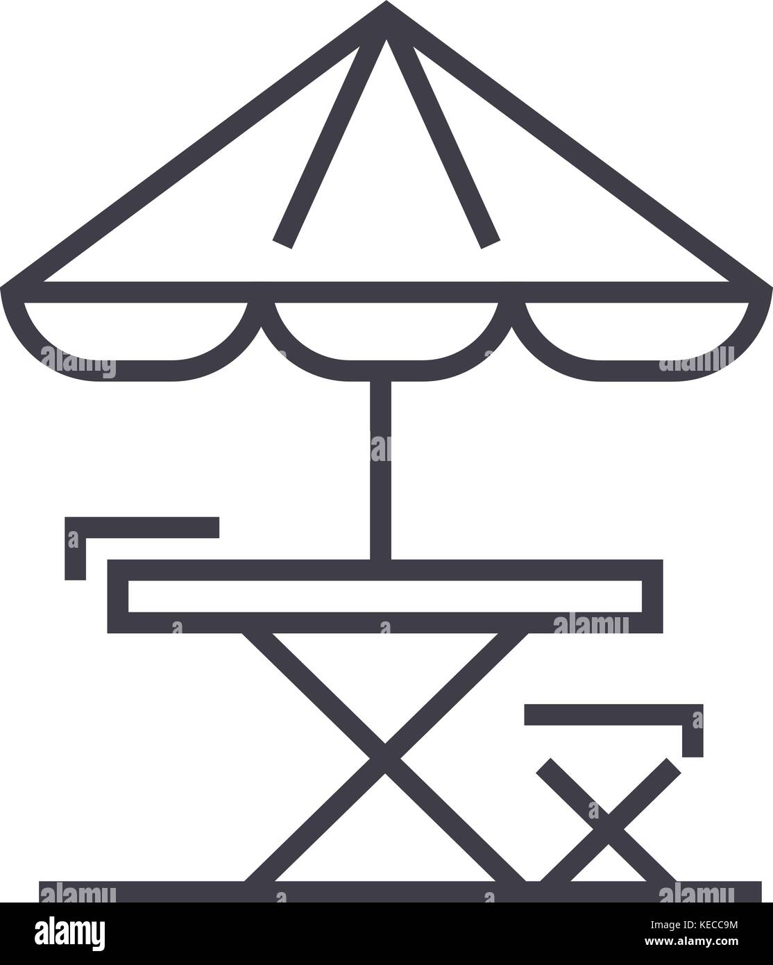 table, chair and sun umbrella vector line icon, sign, illustration on ...