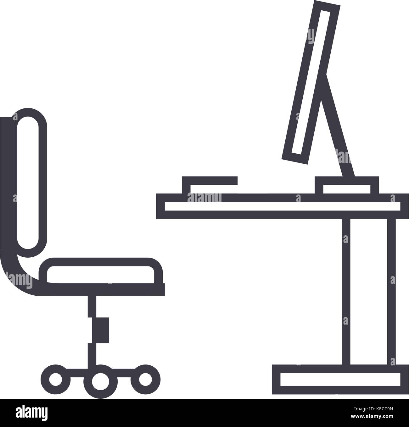 table,office desk with computer sideview vector line icon, sign ...
