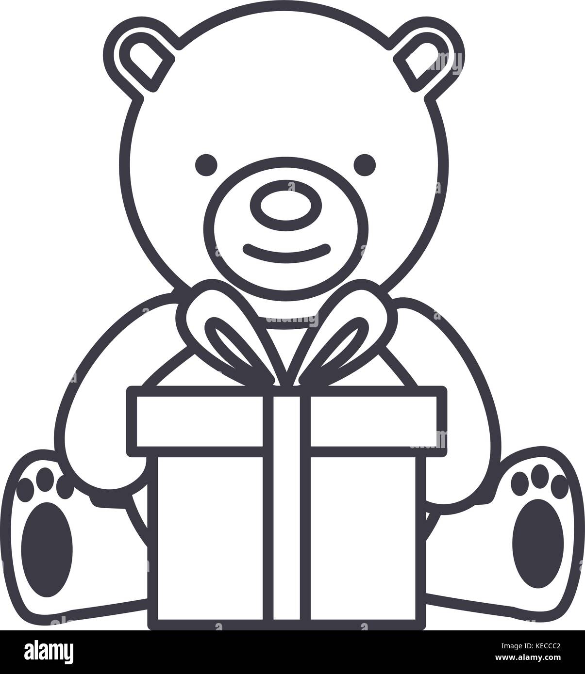 teddy bear with gift box vector line icon, sign, illustration on ...