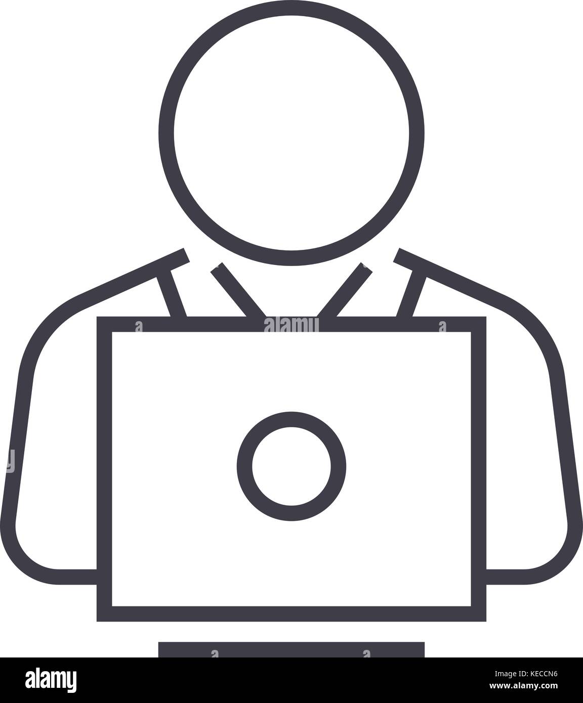 user working on laptop vector line icon, sign, illustration on ...