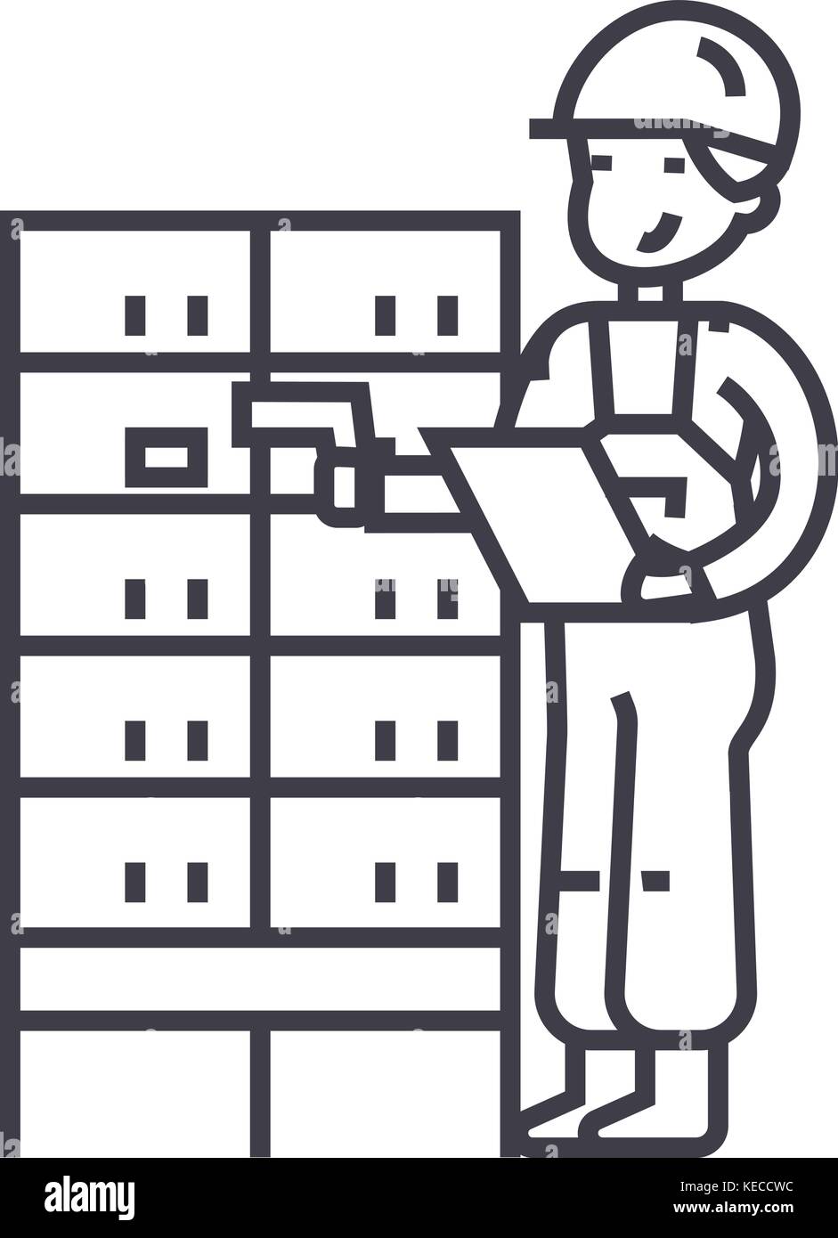 warehouse,delivery man checking barcode on post boxes vector line icon ...