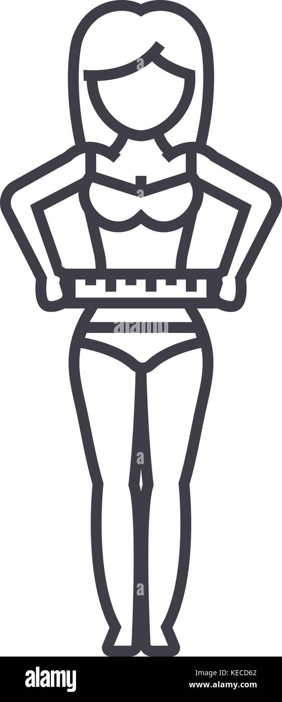 woman measuring her waist,diet fitness vector line icon, sign ...