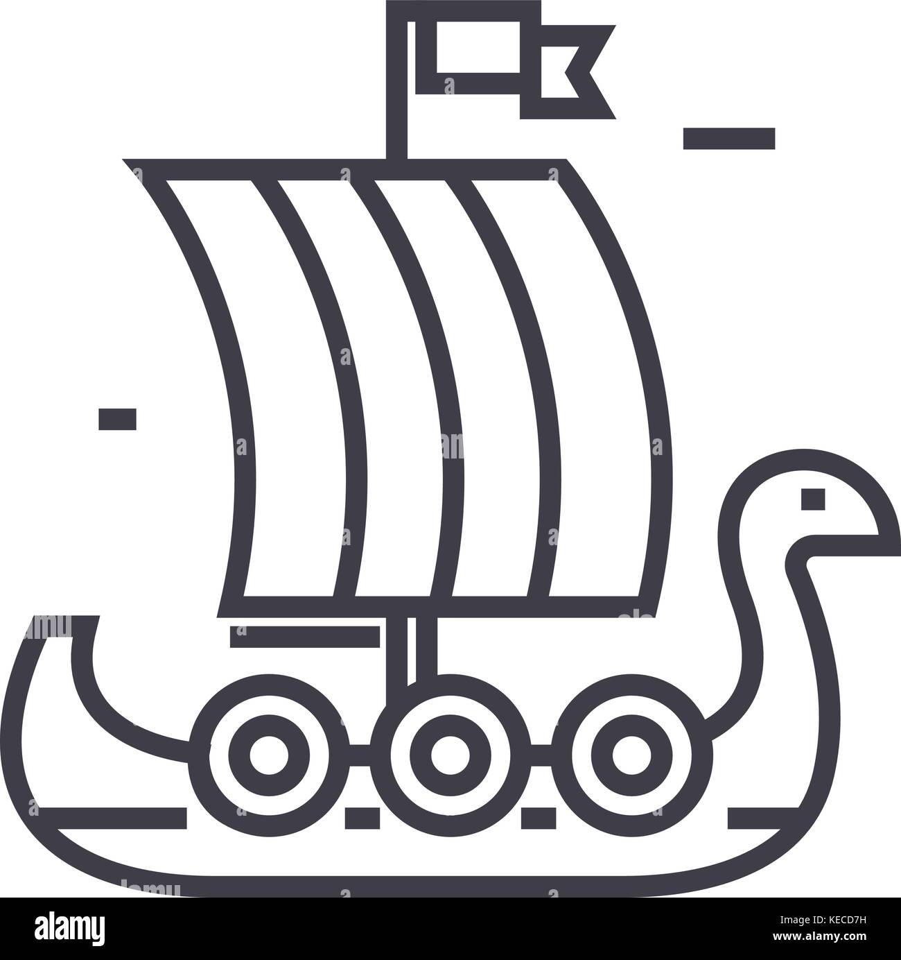 wooden viking ship vector line icon, sign, illustration on background ...