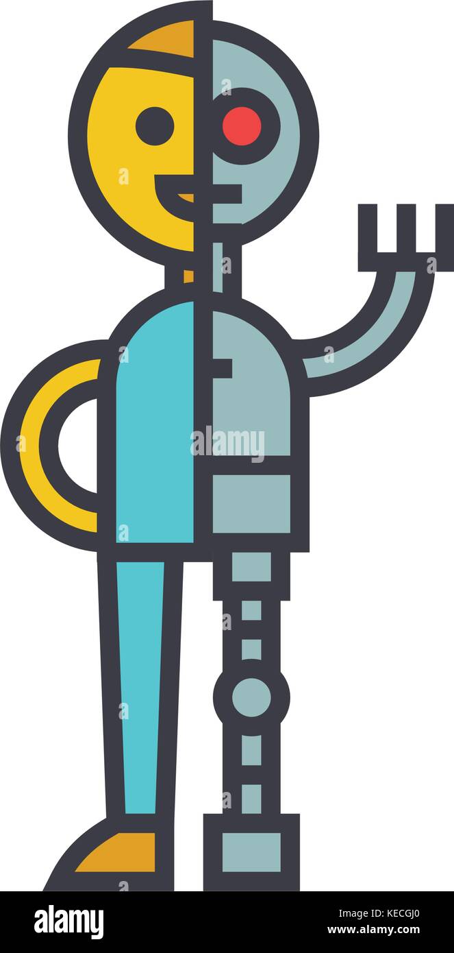 Man android, robot flat line illustration, concept vector isolated icon ...