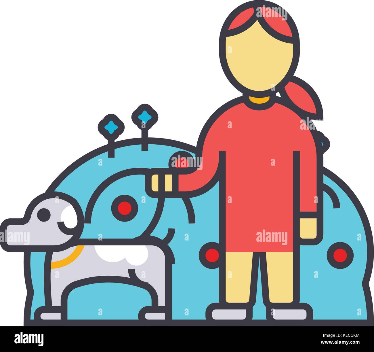 Pets care, dog with woman, animal help flat line illustration, concept ...