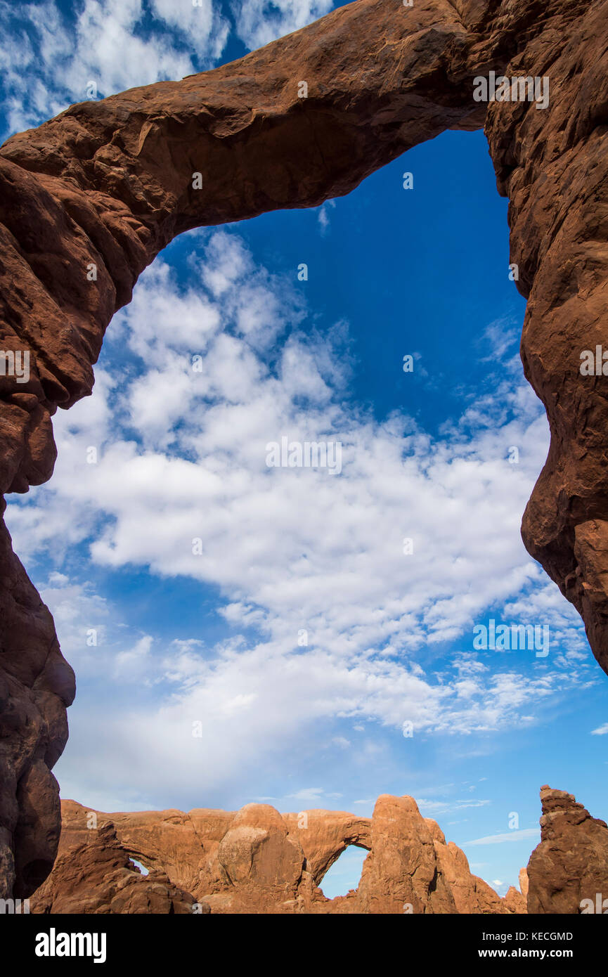 South window arch seen through Turret arch, Arches National Park, Utah ...