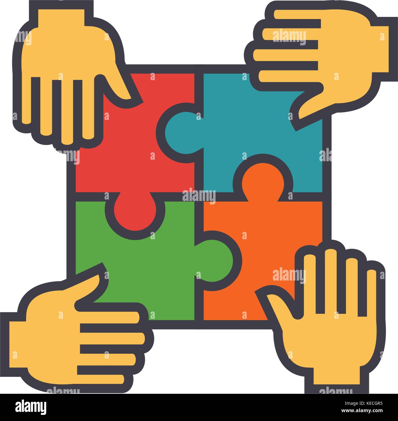Puzzle with 4 hands, partnership, integrity flat line illustration ...