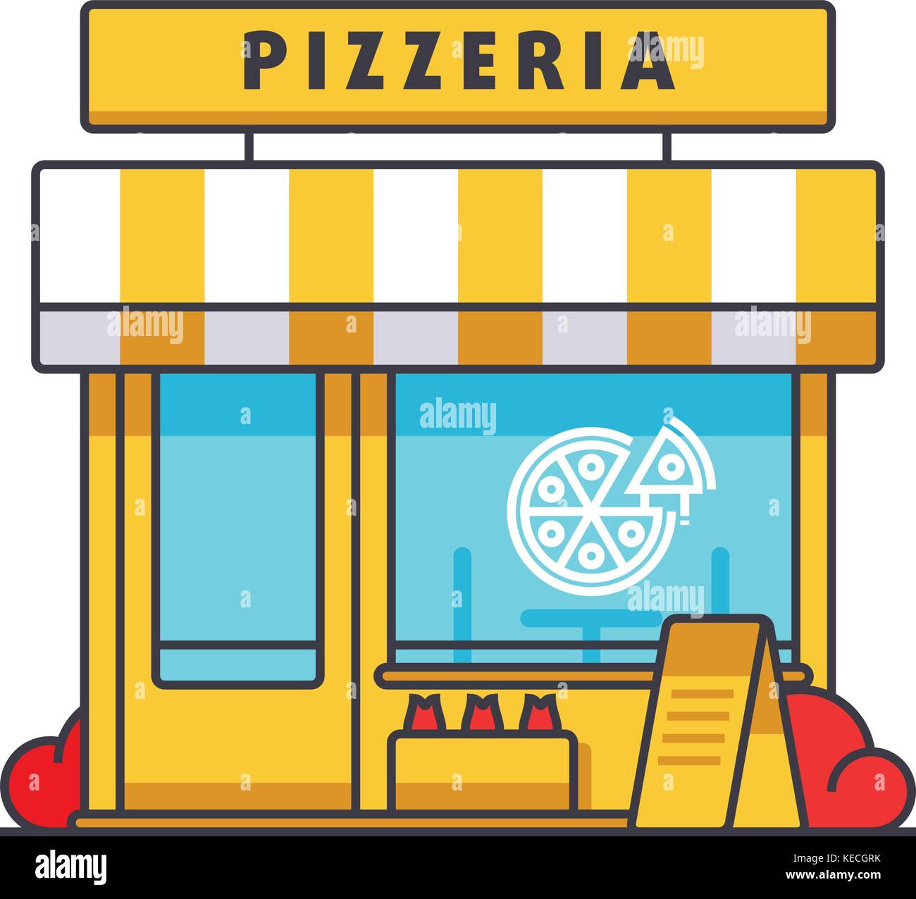 Pizzeria building flat line illustration, concept vector isolated icon ...