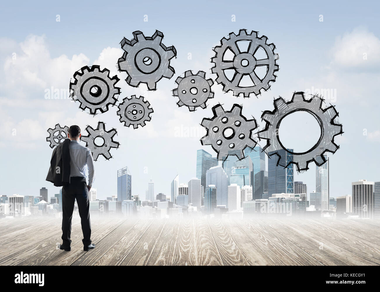 Cogwheel engine drawn on screen as symbol for teamwork and cooperation ...