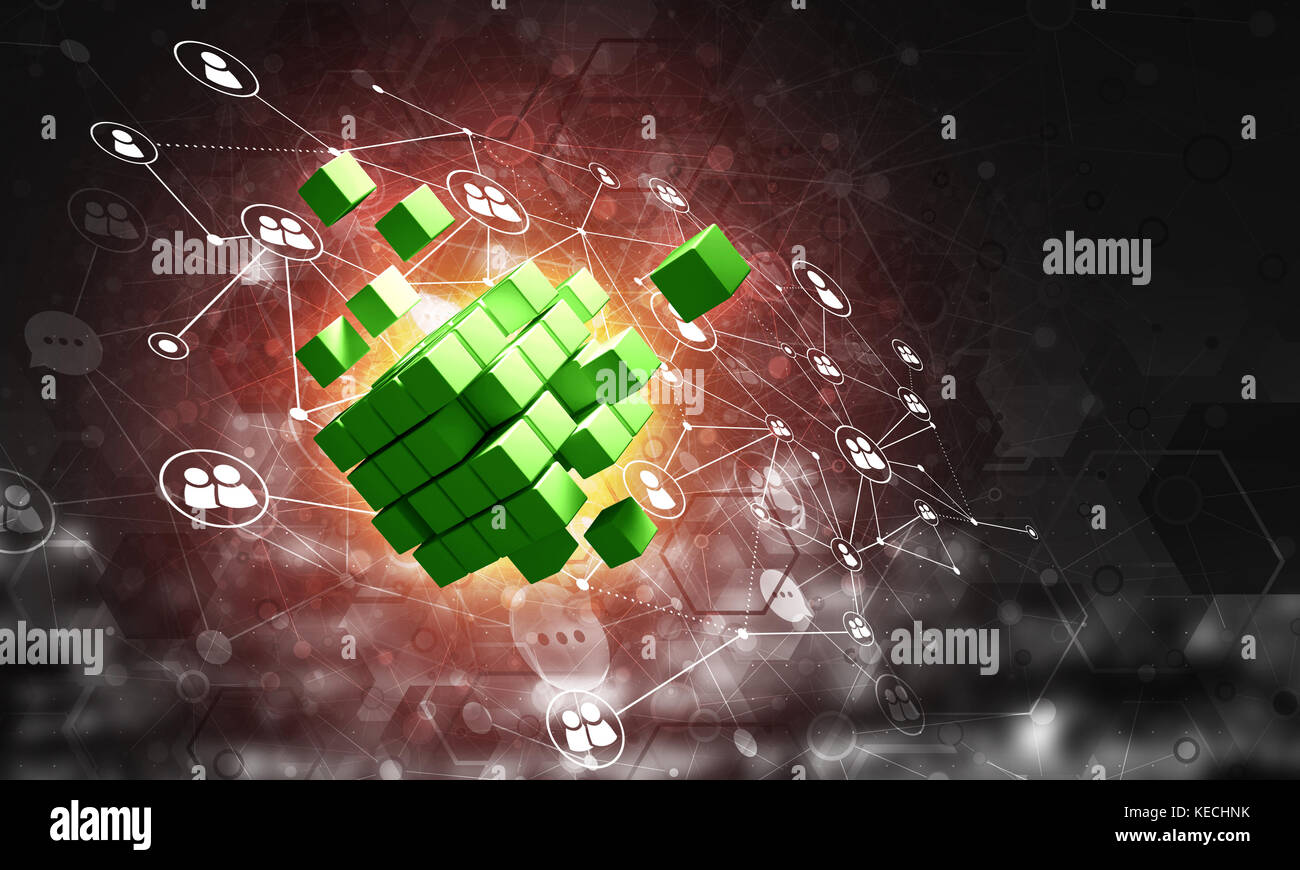 Concept of Internet and networking with digital cube figure on dark ...