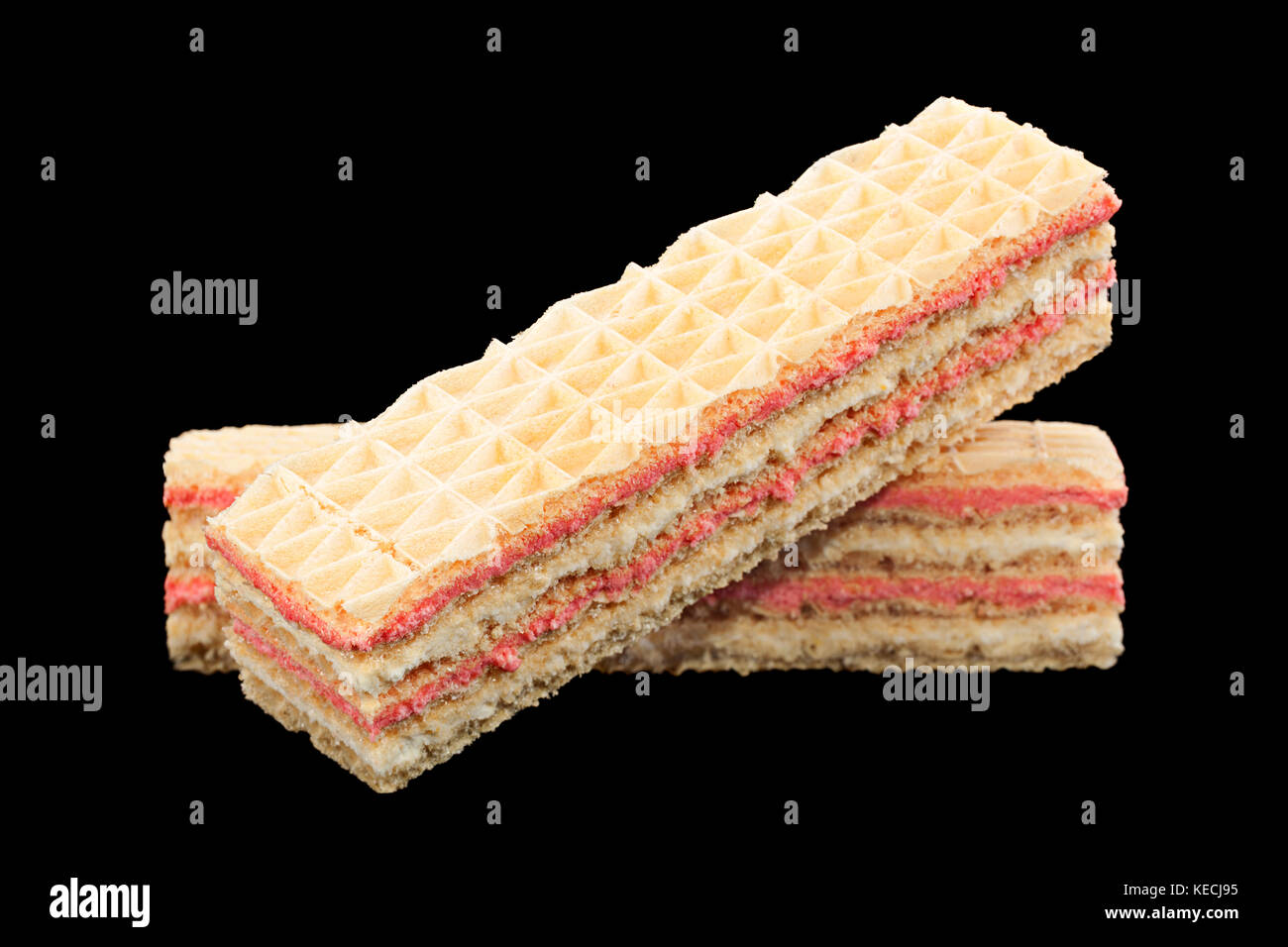 Strawberry yellow wafer closeup isolated on black background Stock ...