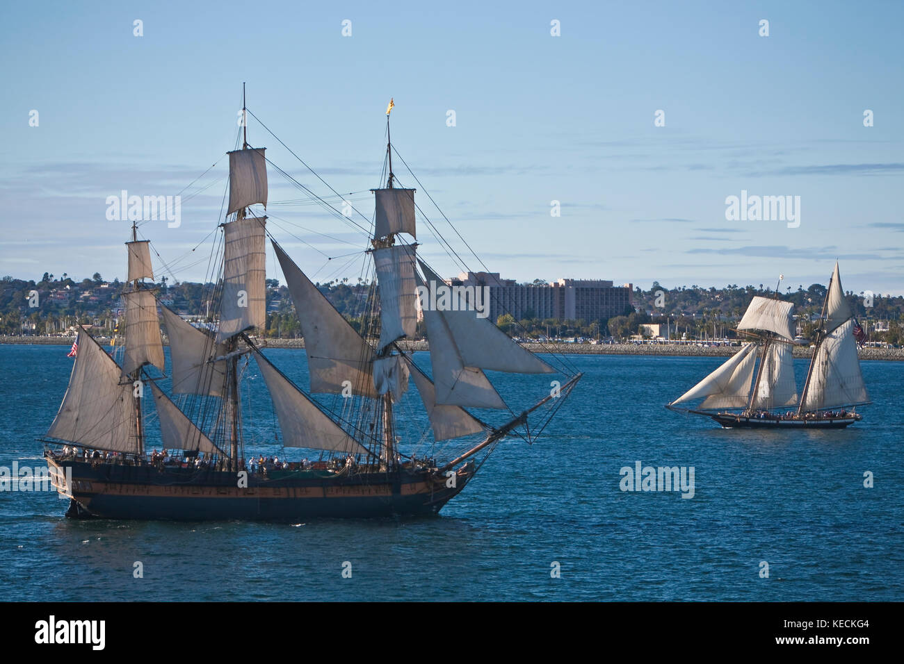 Tall Sailing Ships HMS Surprise and Lynx under full sail on San Diego ...