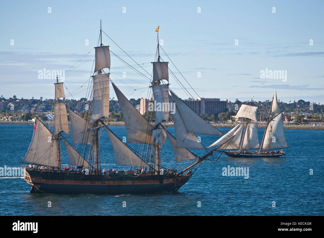 Tall Sailing Ships HMS Surprise and Lynx under full sail on San Diego ...